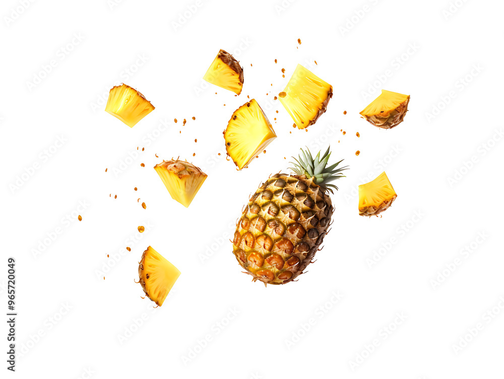 Fotografie Falling Pineapple slices isolated on Transparent background ...