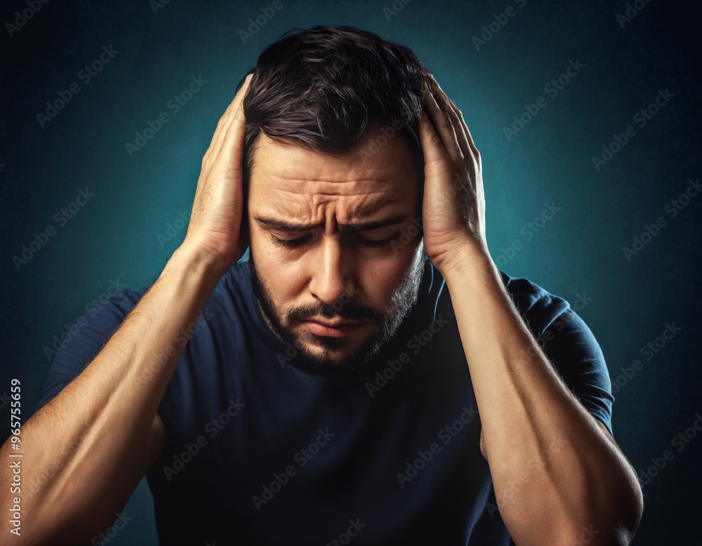 Man with a headache. Hands on side of head. Pained expression. Stress ...