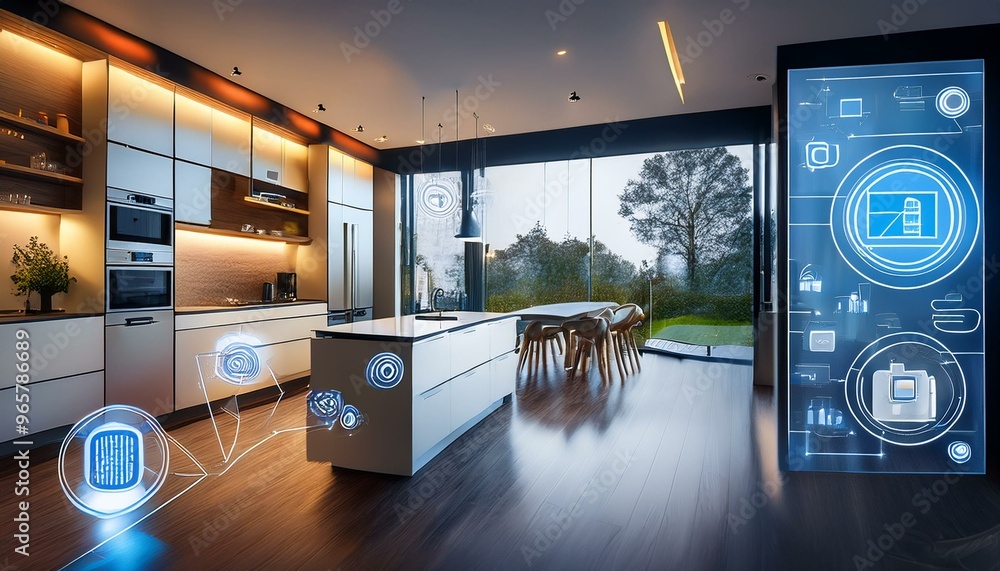 Illustrate a digital rendering of a sleek kitchen layout, highlighting ...