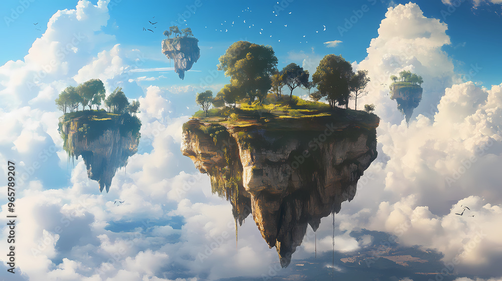 Flying island in the sky in fantasy world, generative ai. Floating ...