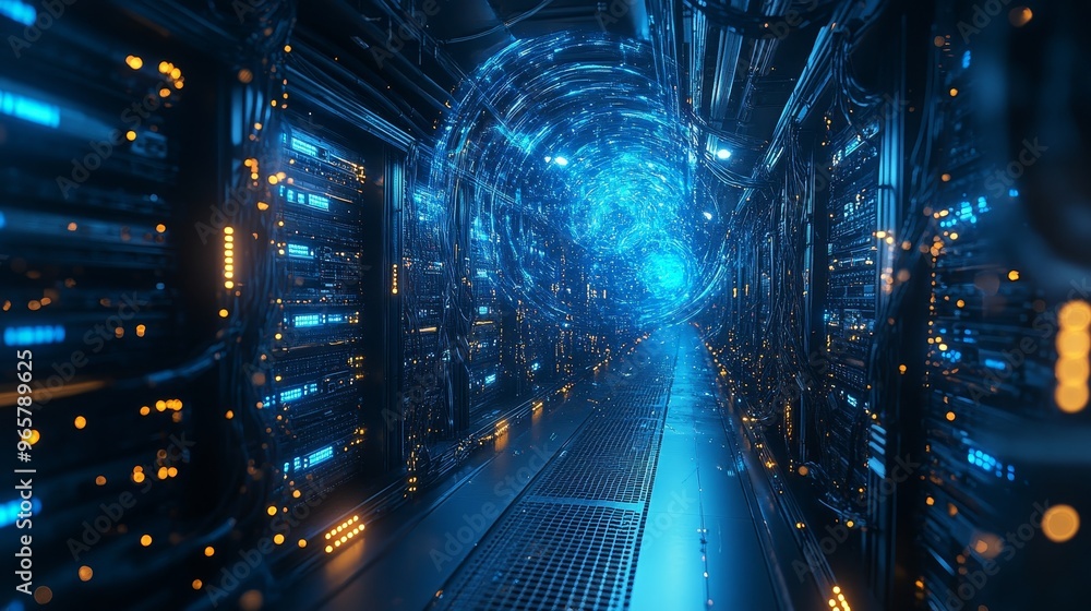 Tangled network cables in a dark server room, with blue holographic ...