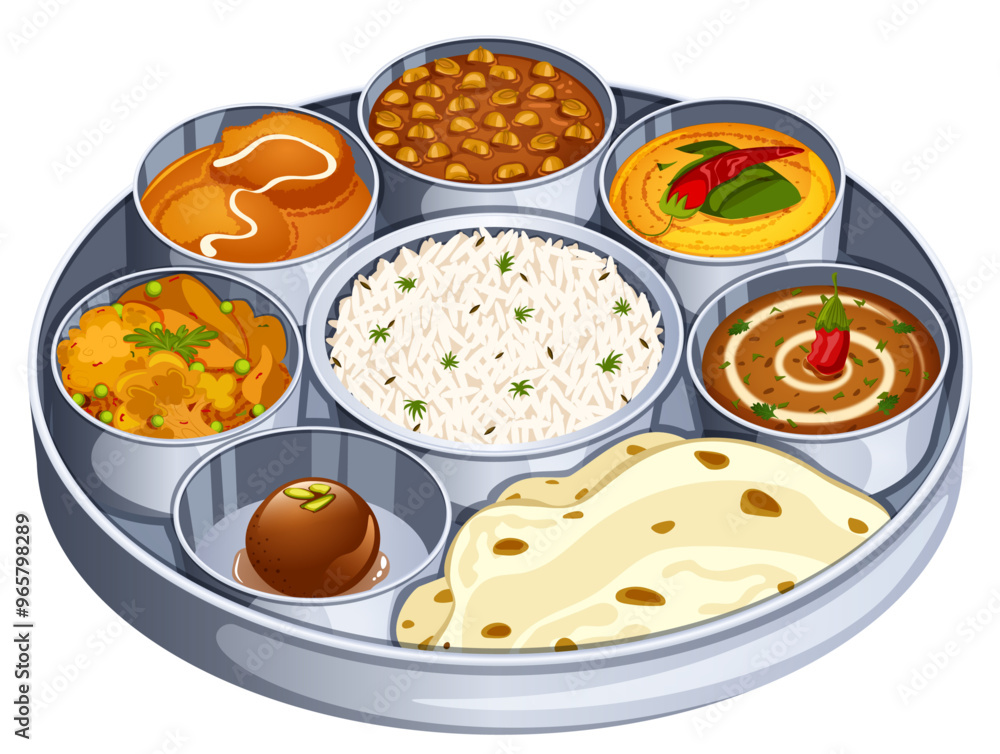 Indian Food Thali with Roti, Rice, Dal Makhani, Dal Tadka, Chana Masala ...