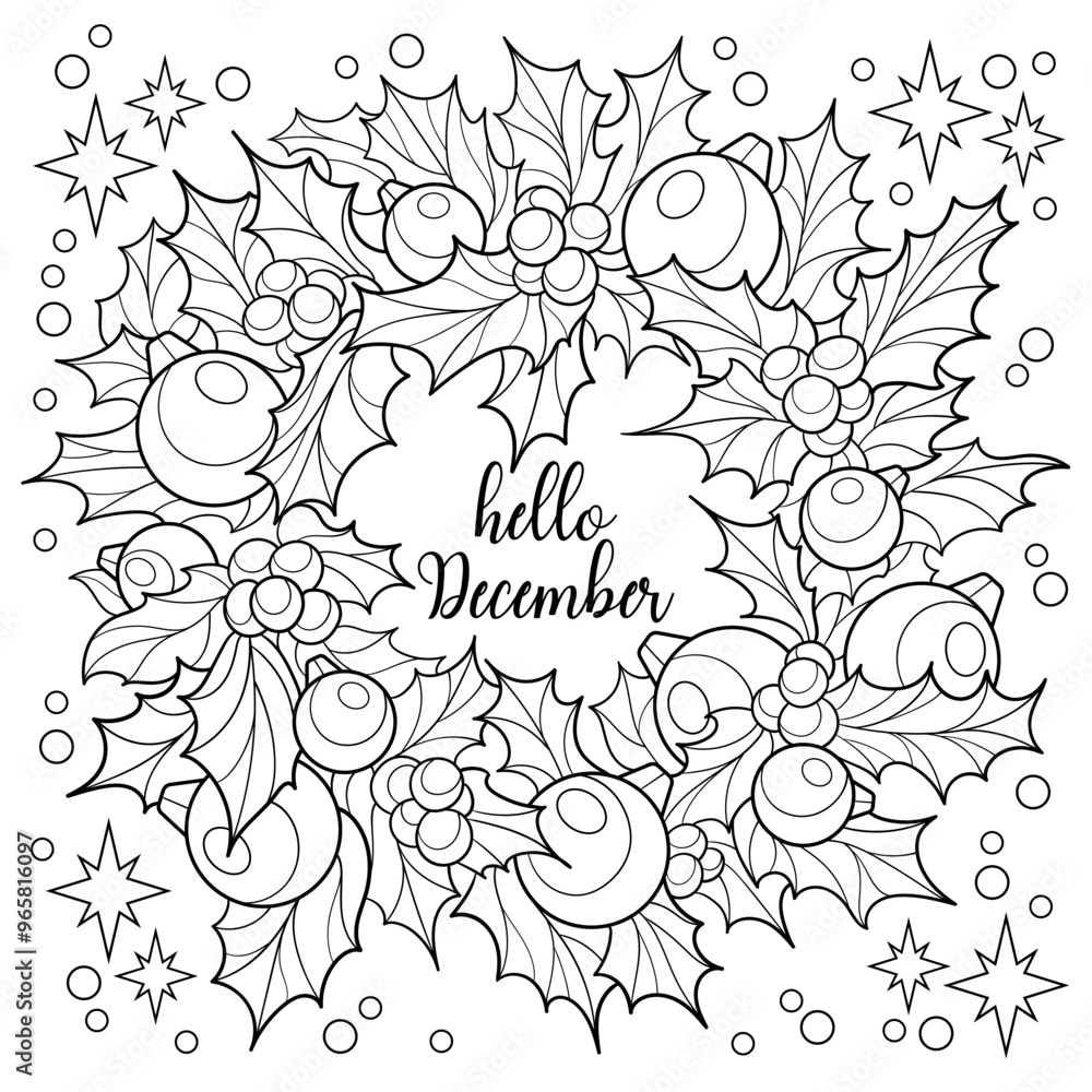 Winter coloring page Hello December lettering with holly wreath and ...