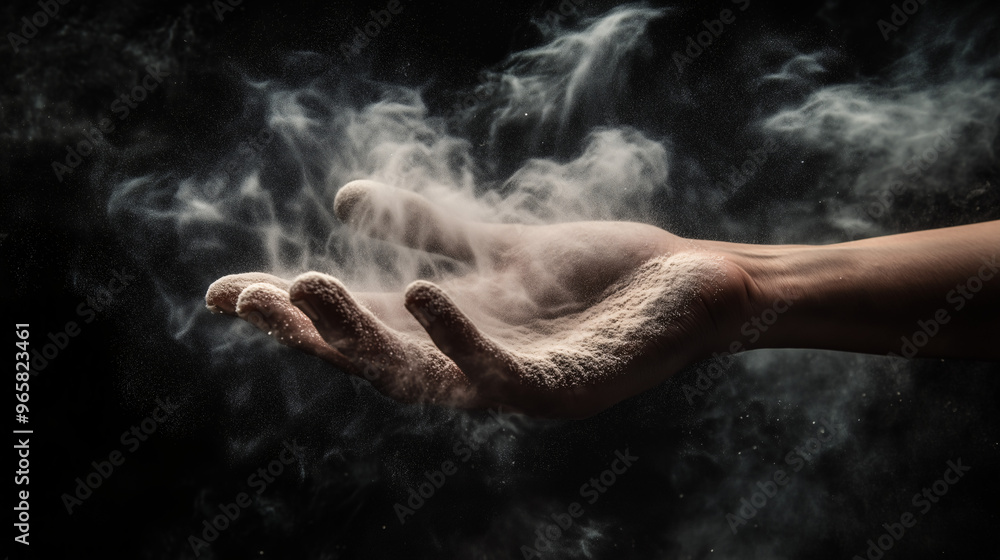 A human hand reaching out, dissolving into a cloud of powder ...