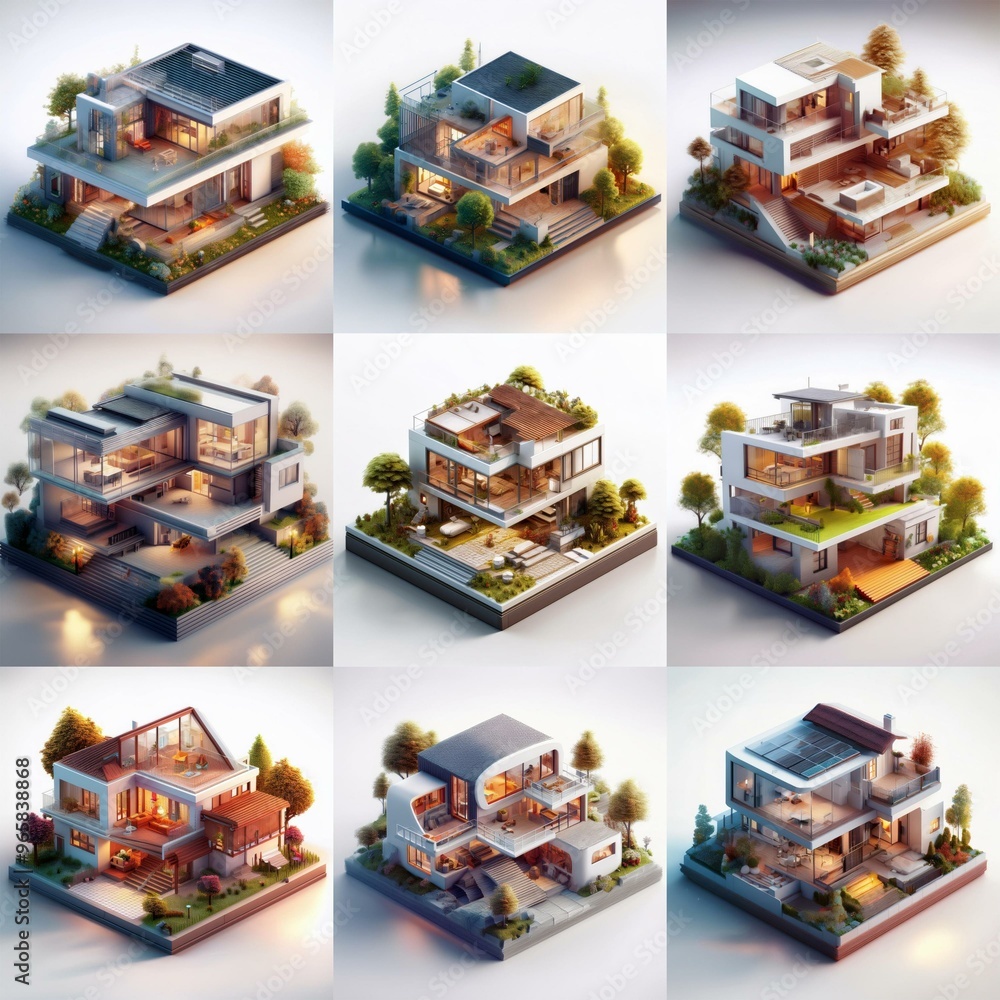 Nine 3d isometric cross-section renderings of modern homes with ...