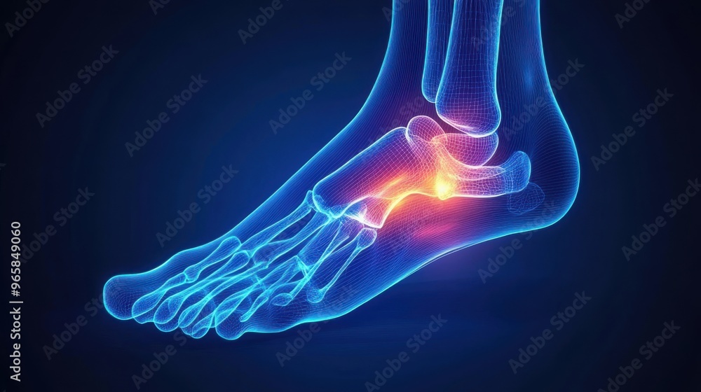 Anatomical illustration of a human foot highlighting the ankle joint ...