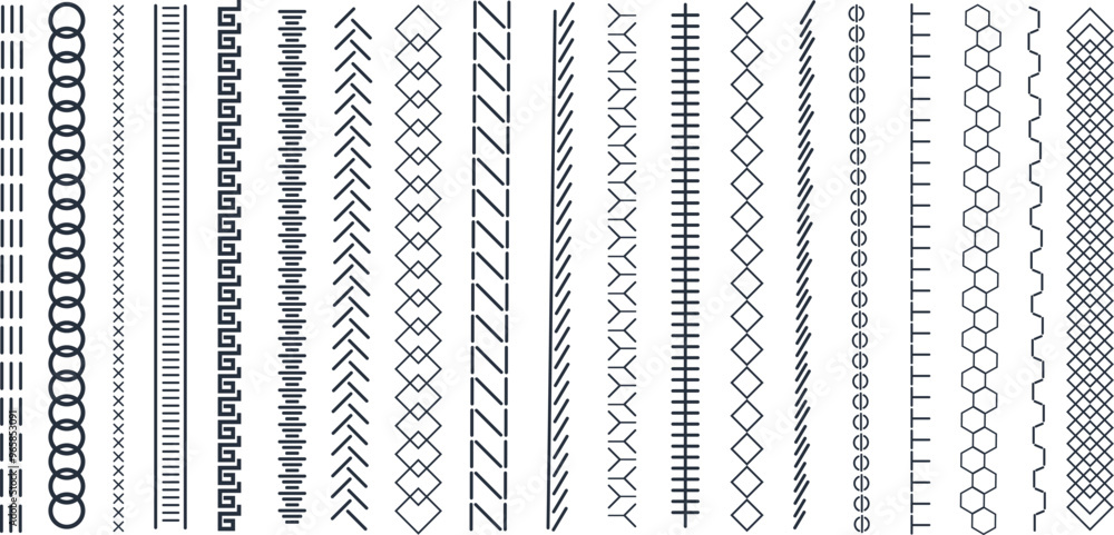 Vertical seamless stitches. Black embroidery zigzag, line and fringe ...