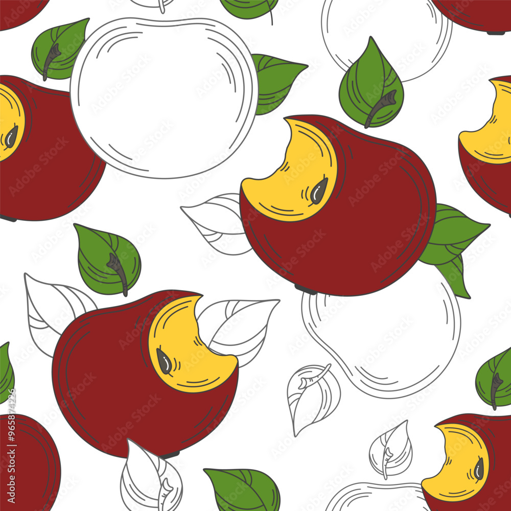Vector seamless pattern of big outline apples, leaves. Many bitten ...