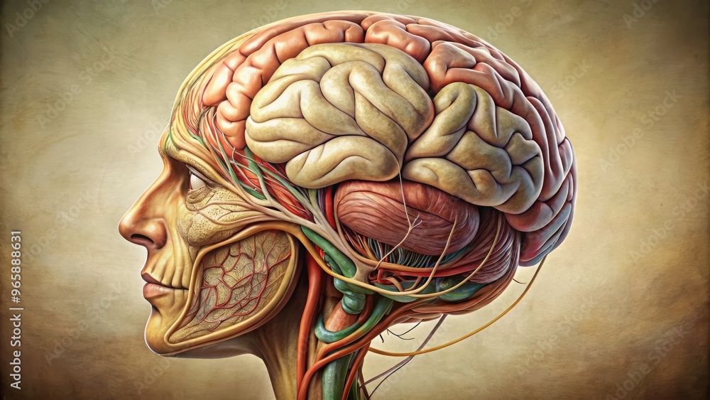 Diagram of brain anatomy, showcasing fine details, in a muted and ...