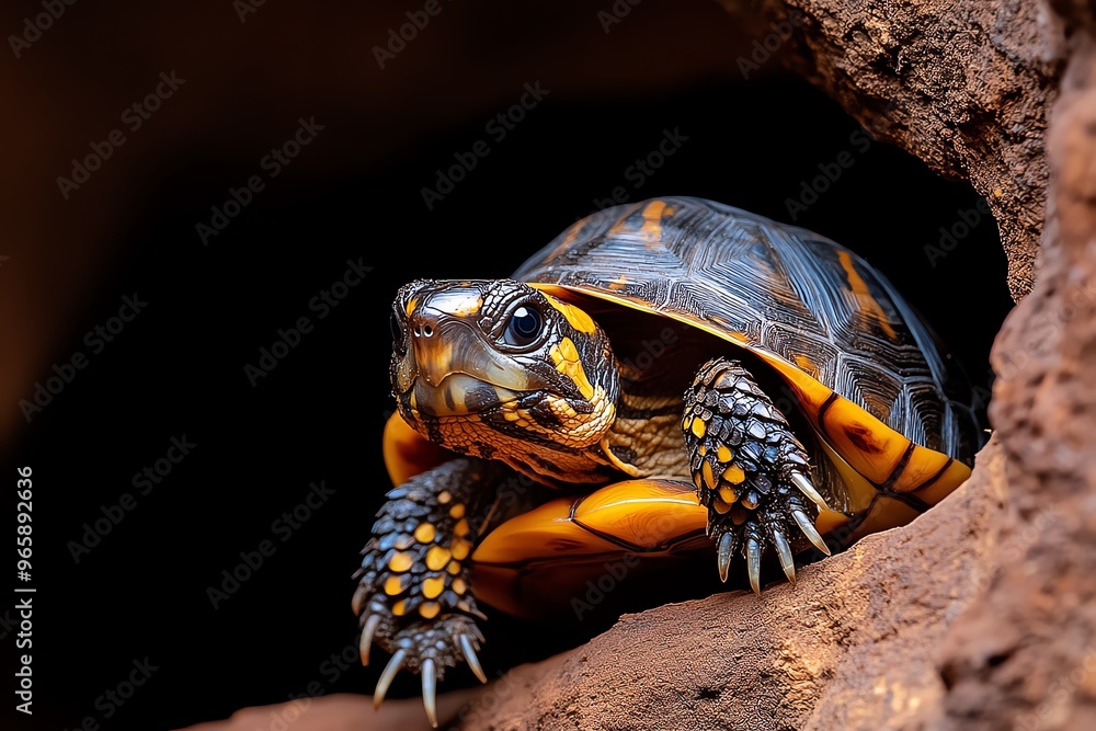 Turtle exploring a cave, its shell brushing against the stone walls as ...