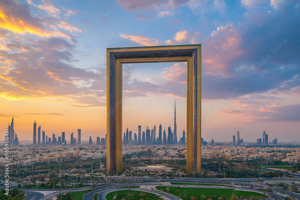 Dubai Frame showcasing city skyline at sunset, with vibrant colors ...