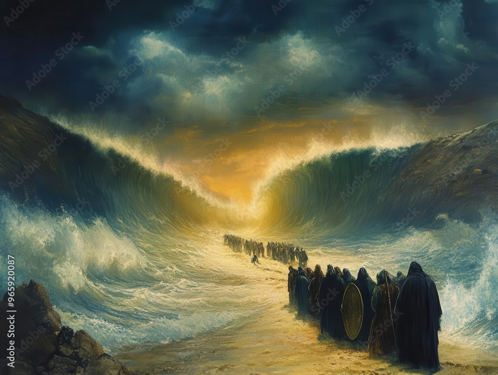 biblical scene of moses parting the red sea dramatic waves frozen ...