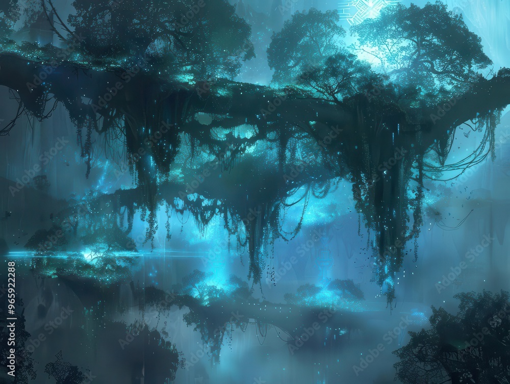 bioluminescent rainforest with floating islands connected by living ...
