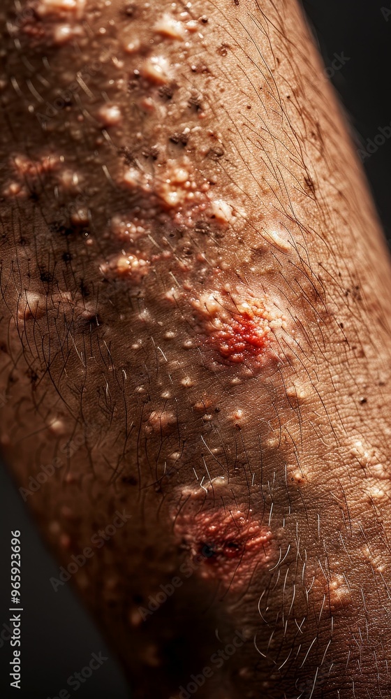 Detailed close-up of infected human skin showing red sores ...