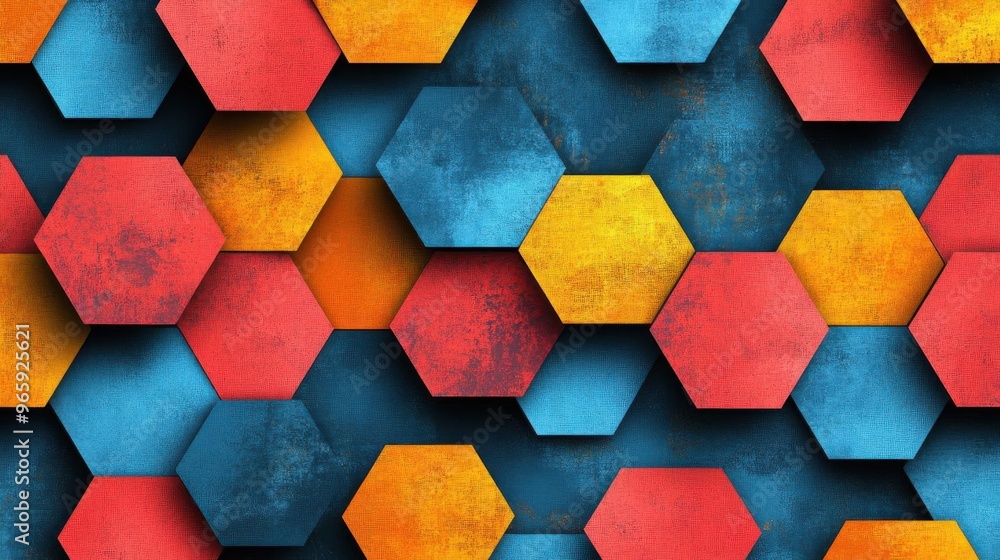 Hexagons in bright geometric patterns, seamless repeat, structured and ...