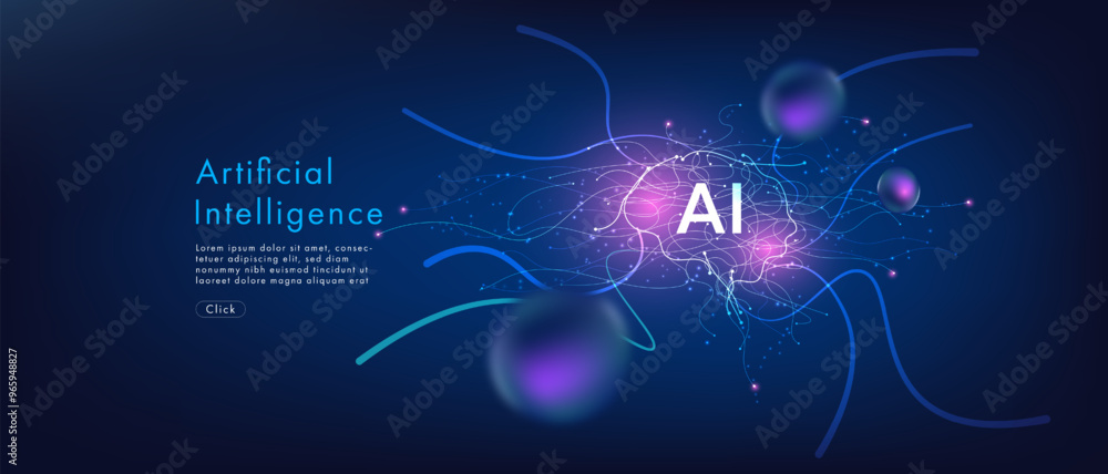 Futuristic digital brain made of curve line with AI letters. Concept of artificial intelligence ...