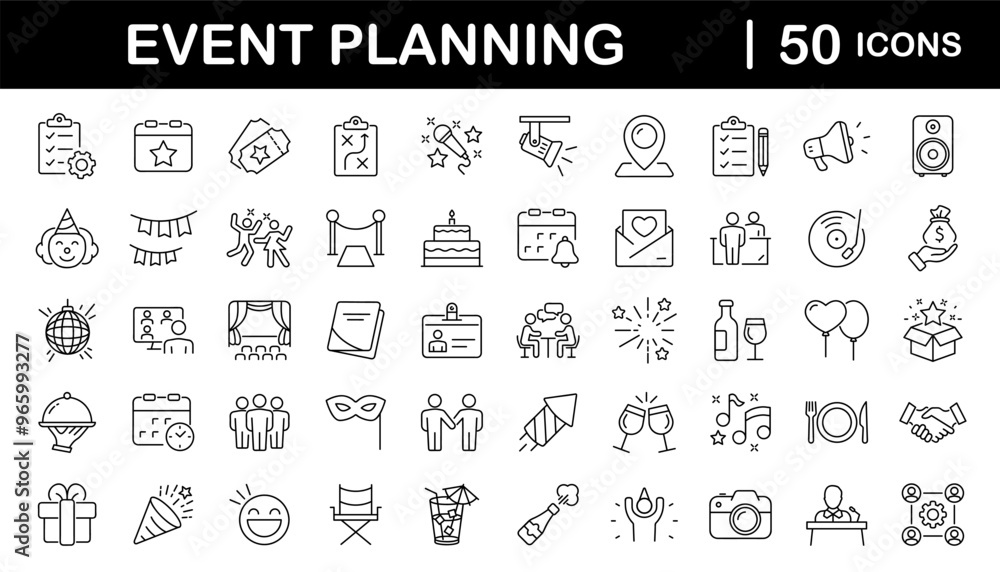 Event planning set of web icons in linear style. Event organisation ...