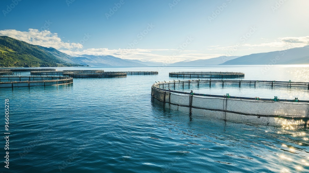 Ocean View with Circular Salmon Farm Pens Stock Photo | Adobe Stock