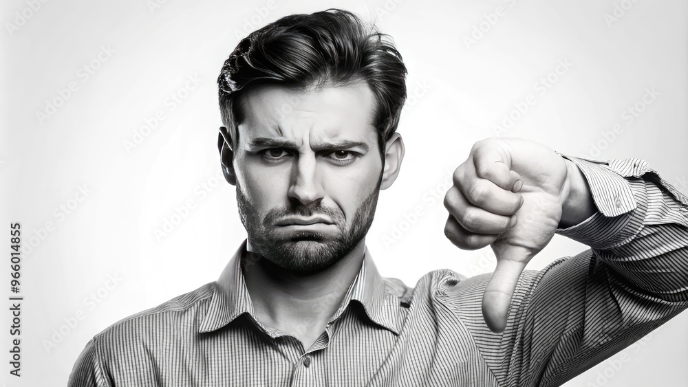 A disappointed facial expression with a thumbs down gesture isolated on ...
