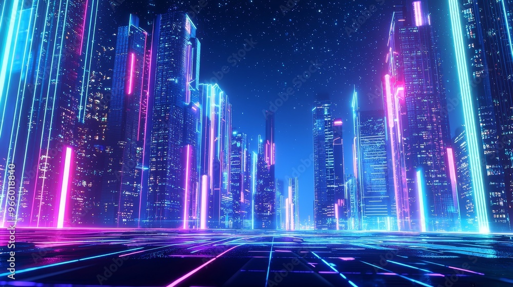 Backdrop of neon city synthwave futuristic 80s cyber landscape Stock ...