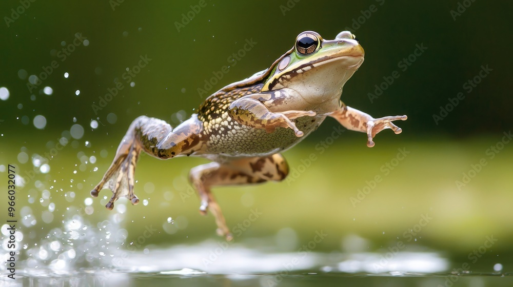 Leaping Green Frog: A vibrant green frog leaps from the water, its ...