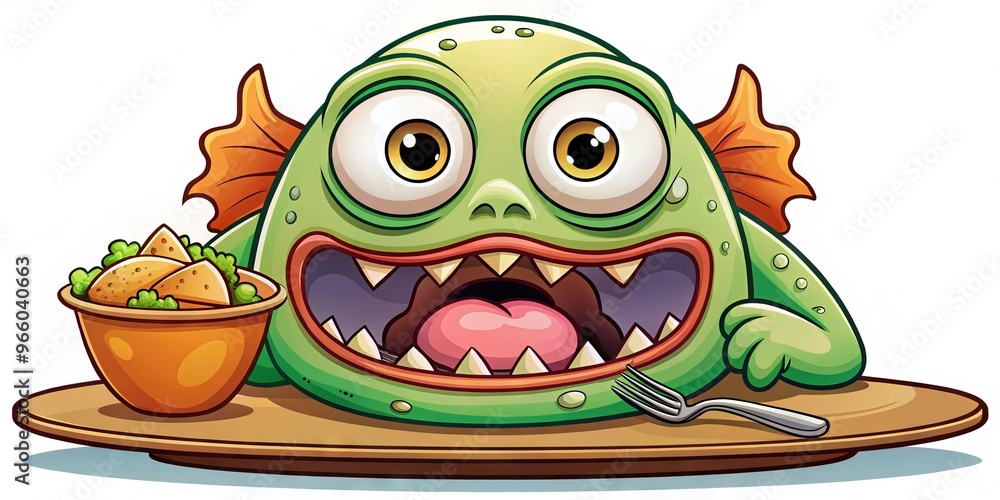 A Cartoon Illustration Of A Hungry Creature With Bulging Eyes, An Open ...