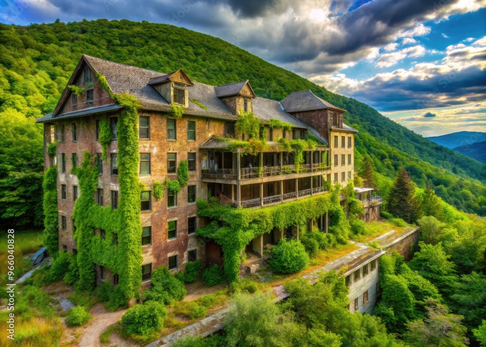 Abandoned hotel on Afton Mountain, Virginia, with overgrown vegetation ...