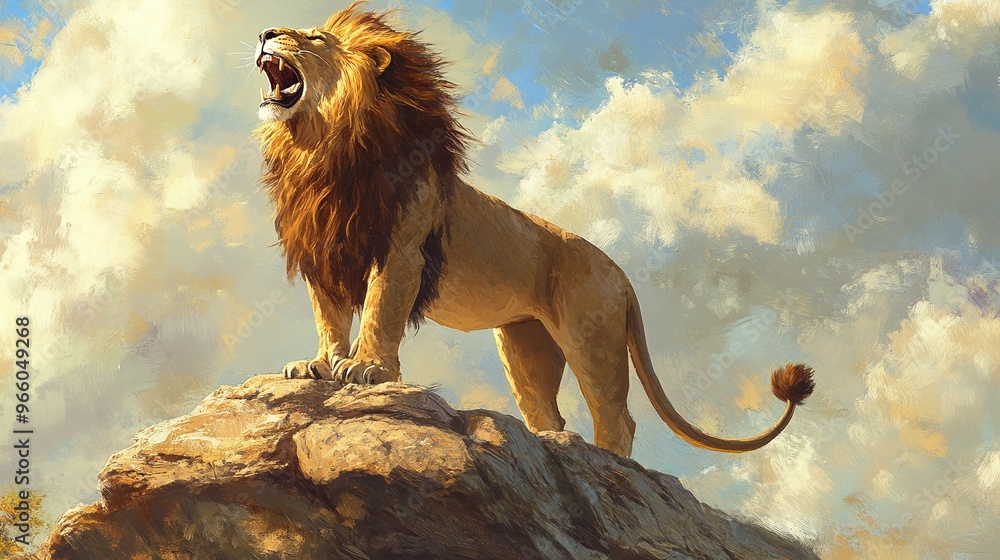 fierce lion standing on a rock roaring in the wild portraying the ...