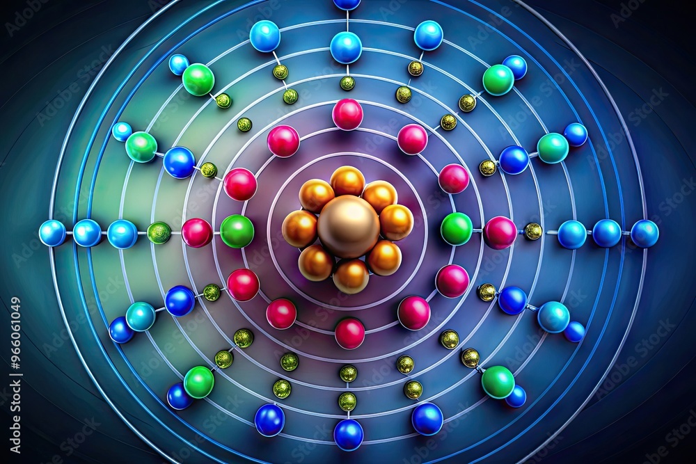 Colorful atomic structure illustration featuring calcium element's electron configuration and ...