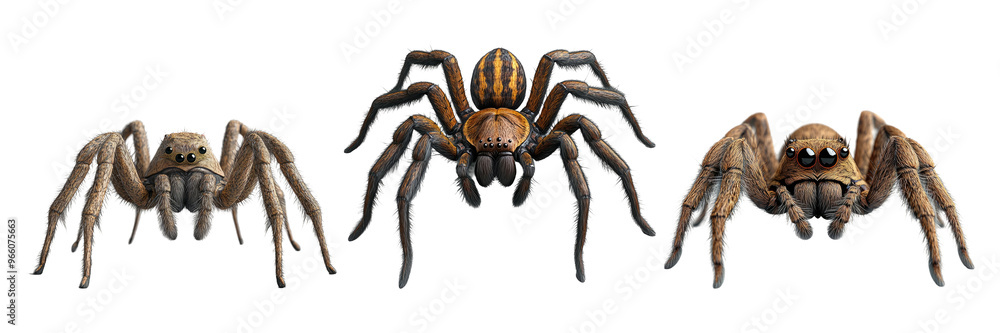 Realistic spiders with detailed legs and markings isolated on ...