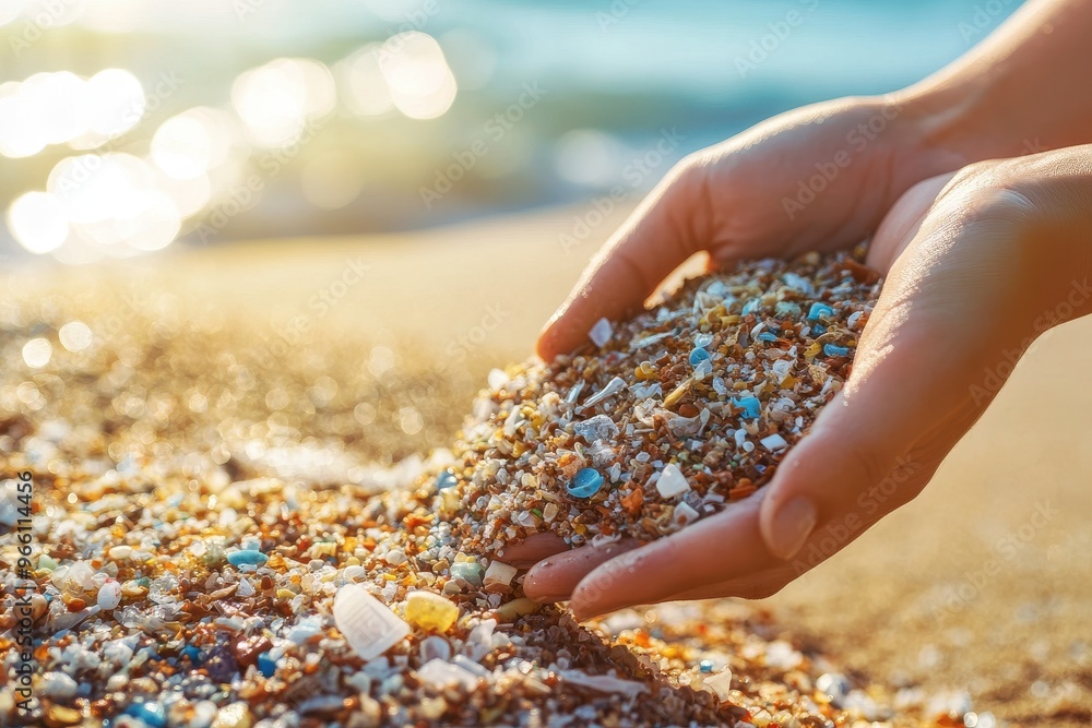 Hand scooping up a mixture of sand and microplastics from the shore ...