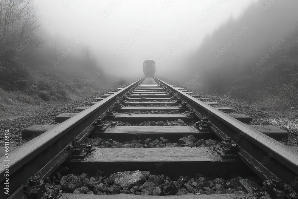 symmetrical railway tracks converge at vanishing point with a distant ...