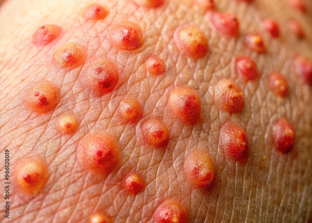 Close-up of inflamed, itchy red bumps on skin, typical signs of bed bug ...