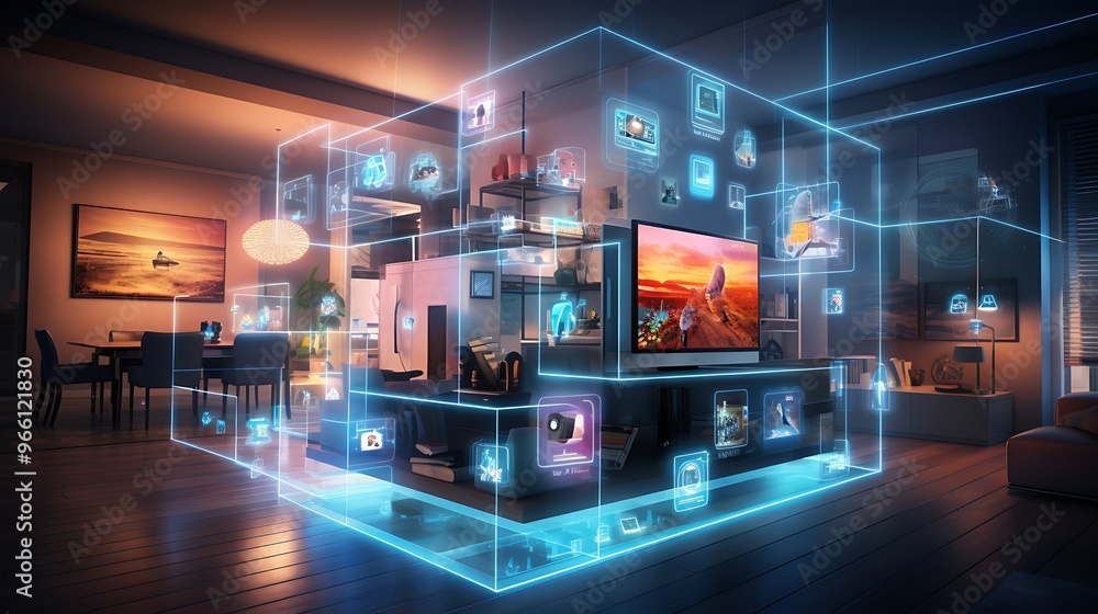 computer technology modern smart home at dusk, with an interactive ...