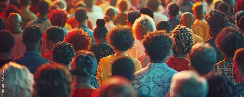 A diverse crowd of people gathered under a warm light, each person ...