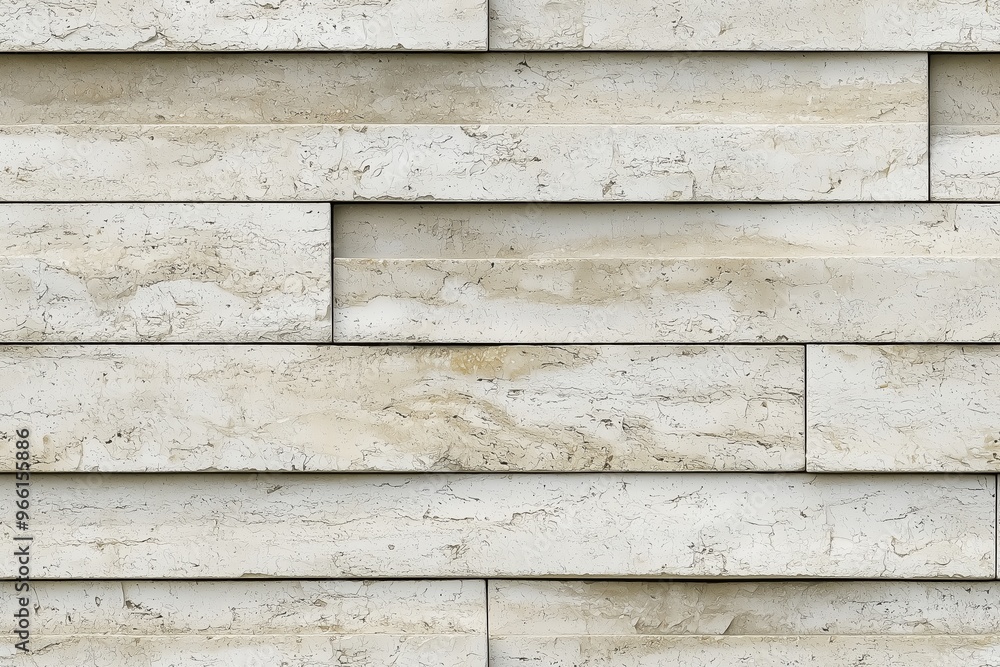 Textured limestone cladding stone wall featuring rectangular blocks in varying shades of beige ...