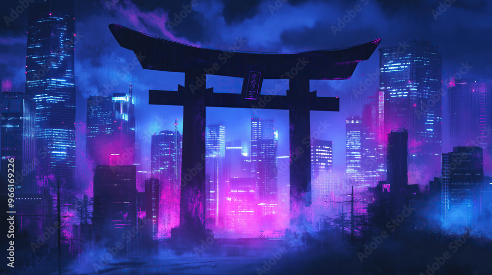 anime-style digital painting illustration of Torii Gate in technology ...