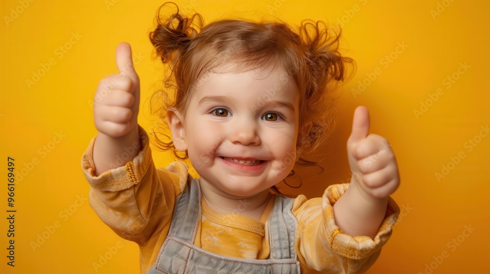 playful toddler giving thumbs up vibrant yellow background adorable ...