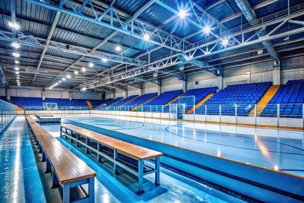 Frozen arena landscape with vibrant blue and white markings, empty ...
