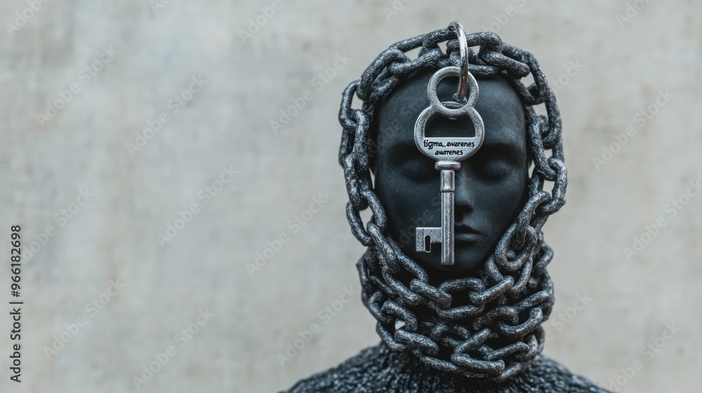 A figure wrapped in chains labeled "stigma" with a key of "awareness ...