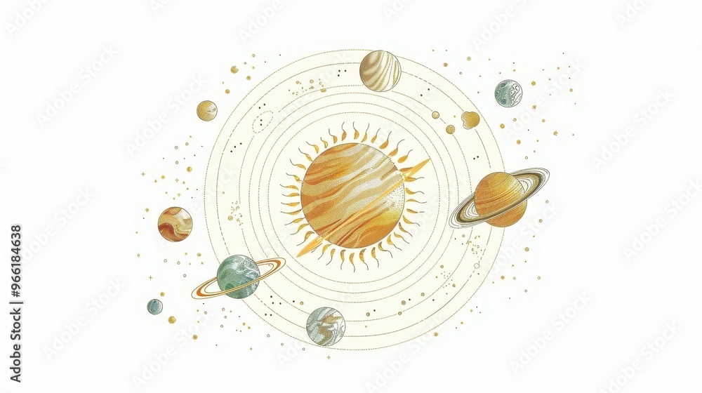 stylized solar system illustration with a central golden sun surrounded ...