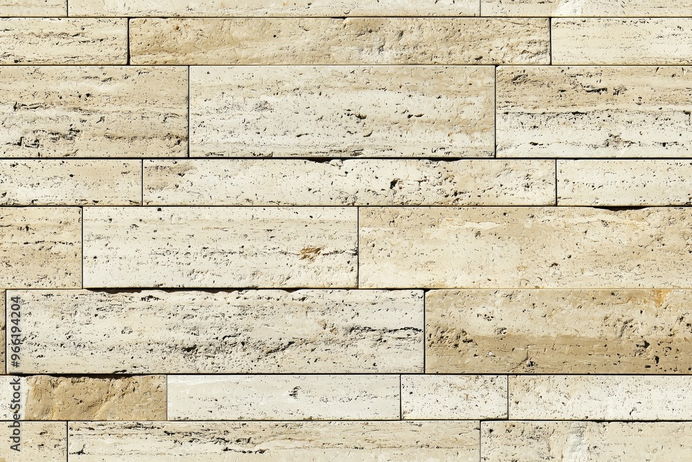 Textured stone wall made of rectangular travertine tiles in various ...