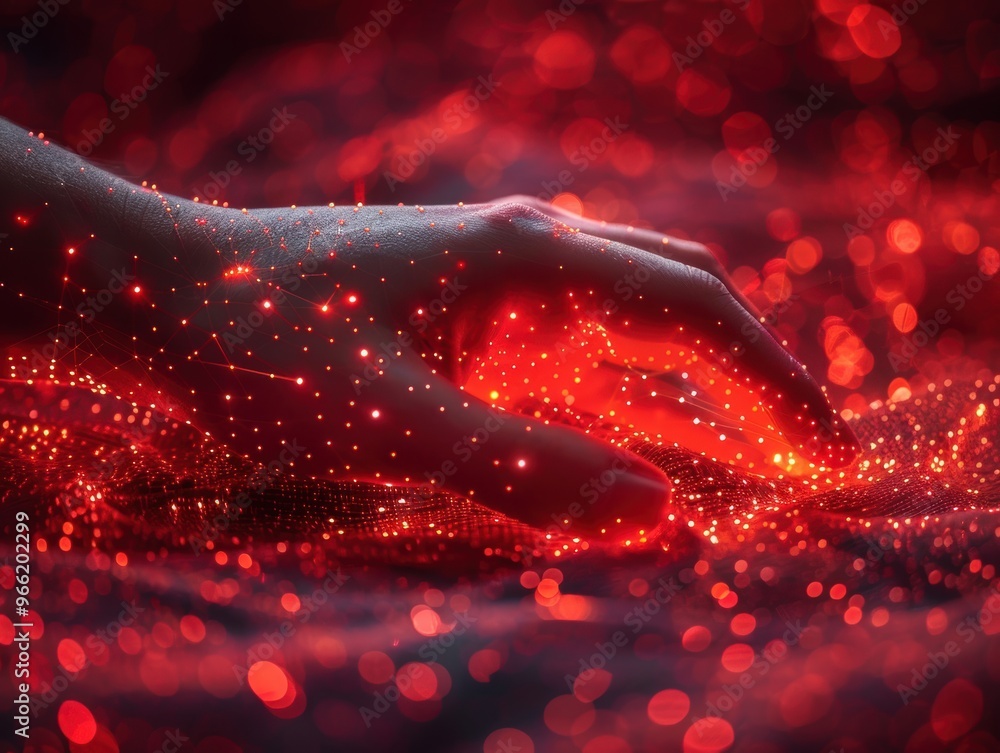 Fingertips touching a digital network connection, hand on a dark red ...