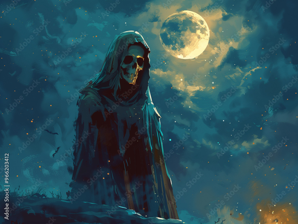 Grim reaper, soul collector against the moon, dark halloween atmosphere ...