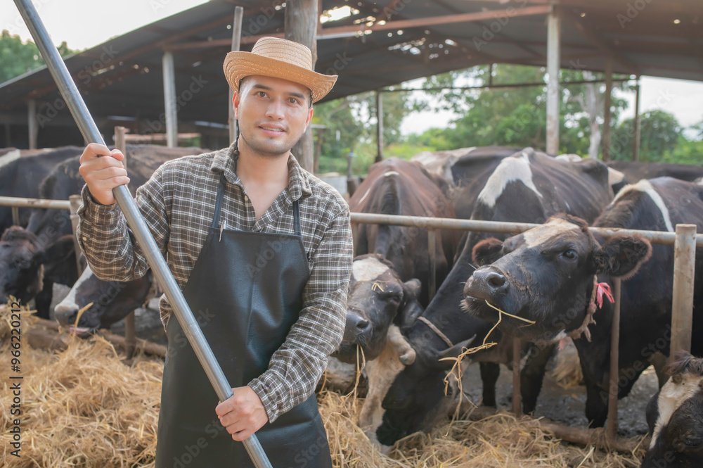 Asian farmer Work in a rural dairy farm outside the city,Young people ...
