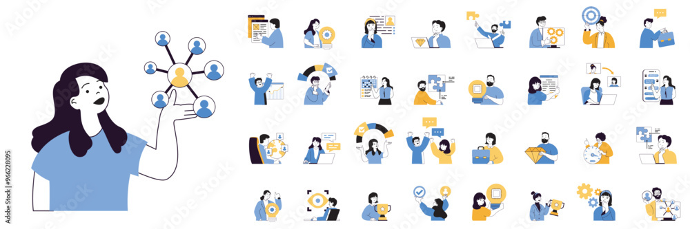 Teamwork concept mega set with character scenes in flat design for web ...