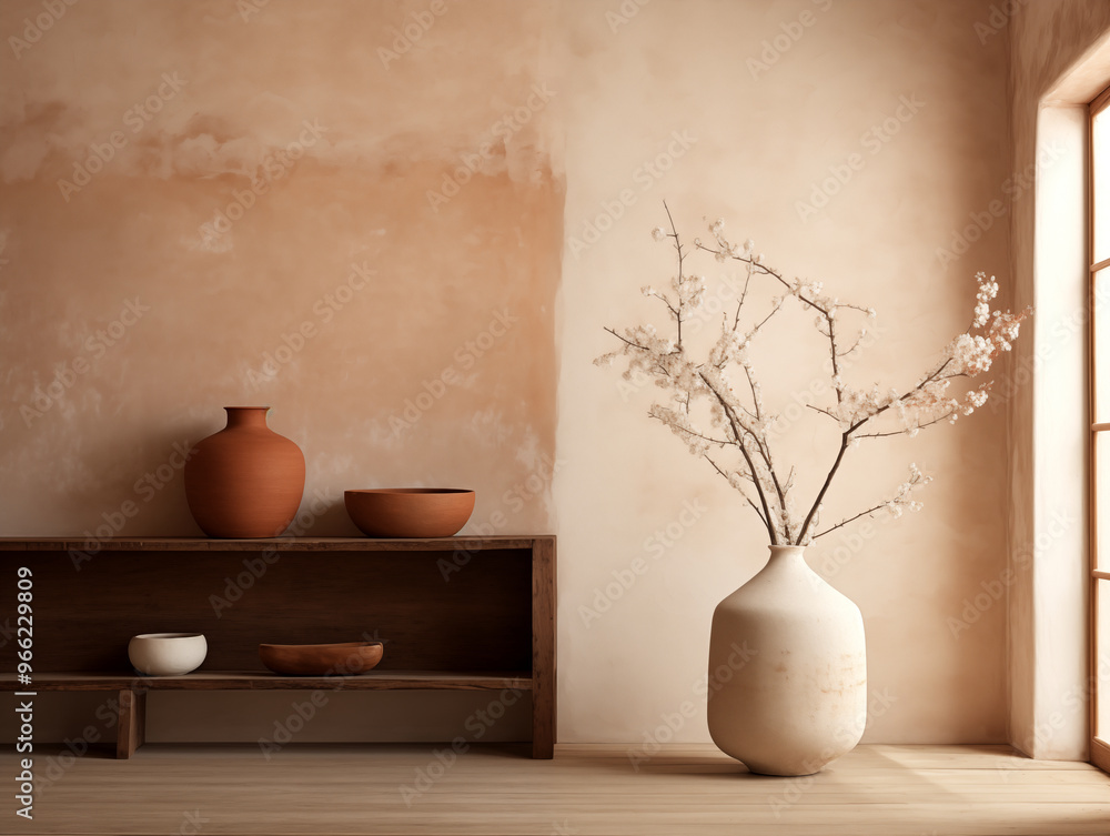 Wabi sabi and japandi japanese style rustic interior in in white ...