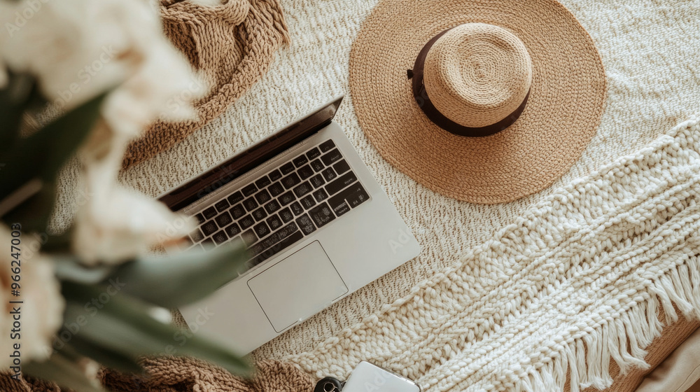 Foto de Stock Blog content creator setting up a flat lay photo shoot ...