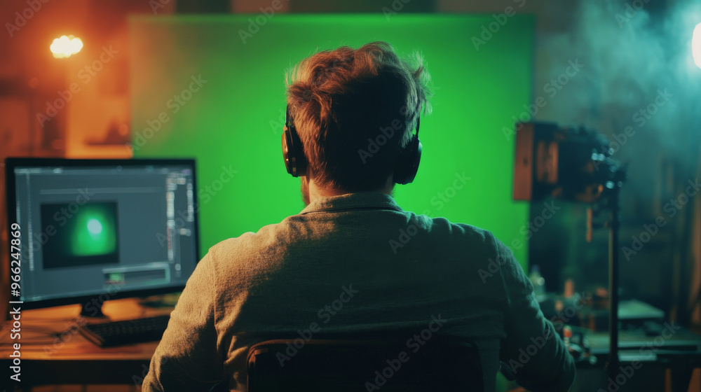 Content creator using a green screen setup for special effects video ...