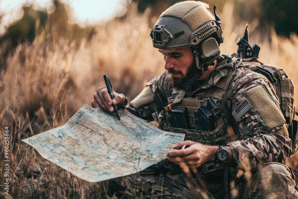 A special forces operator is intently studying tactical map in grassy ...